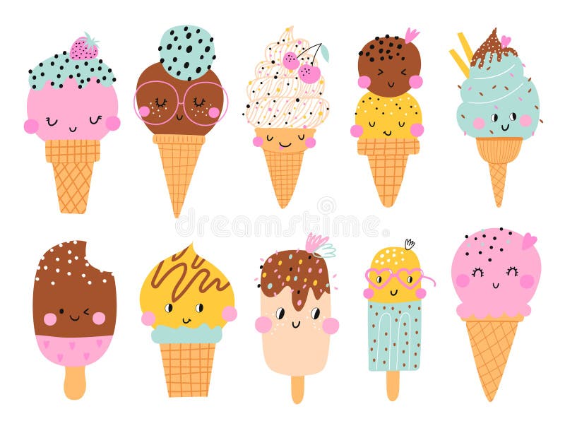 Various Ice Cream Cones Set with Toppings in a Playful Cartoon Style ...