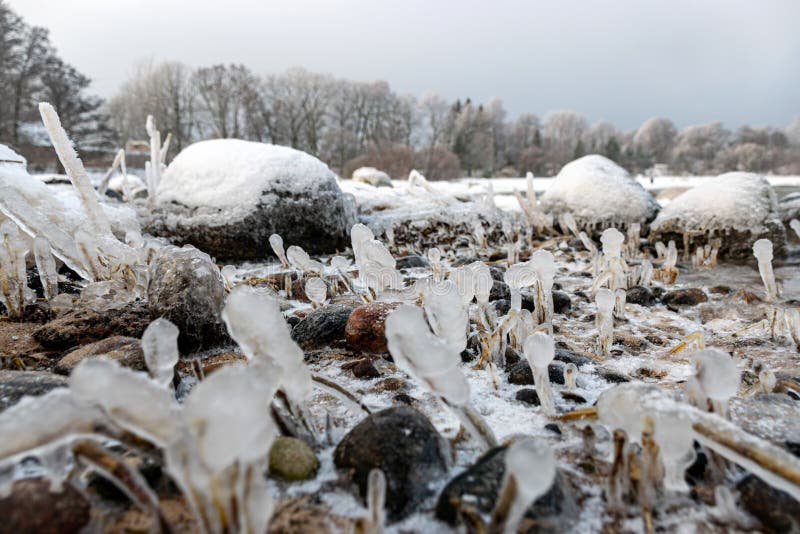 Various Ice Formations on Rocks and Sandbars on the Seashore, Ice ...