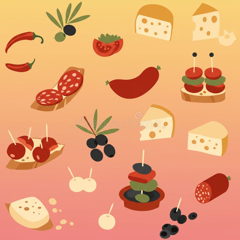 Various Illustrated Foods on a Gradient Background. Items Include ...