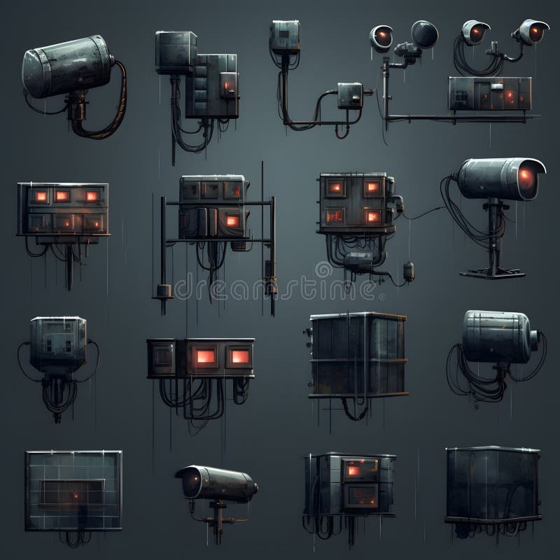 Various Industrial Surveillance Devices Featuring Complex Wiring and ...