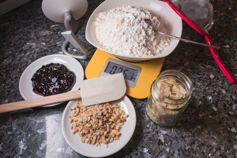Various Ingredients for Cake Baking with Scales Stock Image - Image of ...