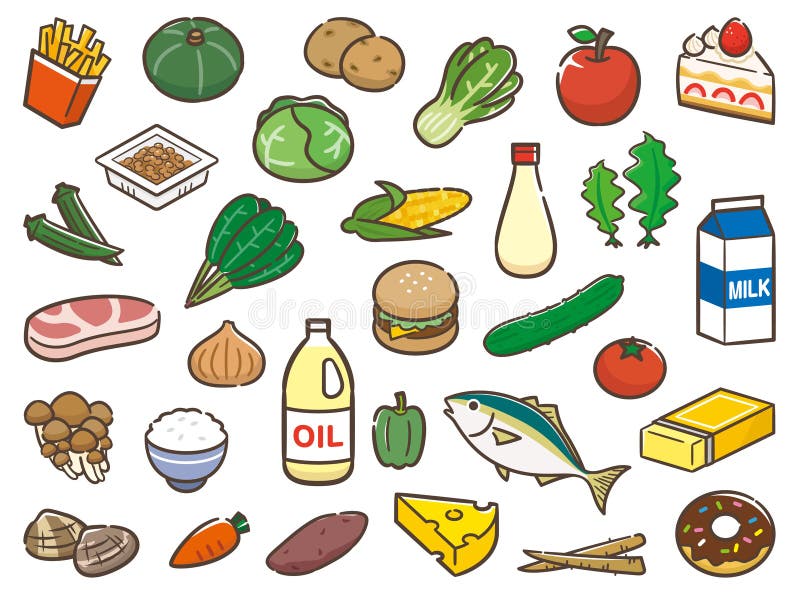 Various Ingredients and Food Illustration Stock Vector - Illustration ...
