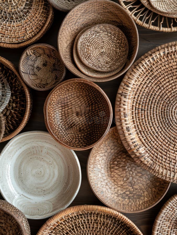 Various Intricately Woven Baskets in Different Shapes and Sizes. Stock ...