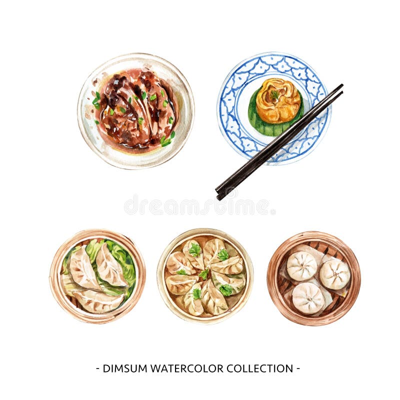 Various Isolated Watercolor Dim Sum Illustration on White Background ...
