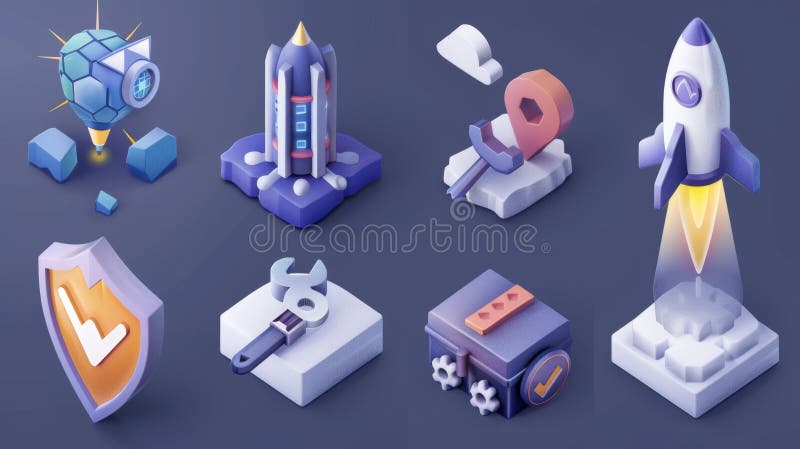 Various Isometric Icons, Rocket Takeoff, Cloud Download and Upload ...