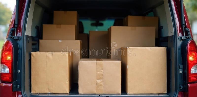 Various Items Packed in Boxes, Ready for Transport in Van , Delivery ...
