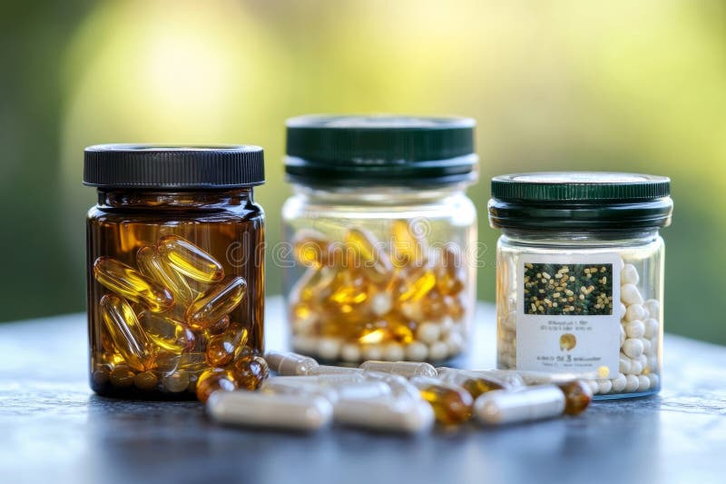 Various Jars Hold Omega-3 Capsules and Vitamins, Showcasing Different ...