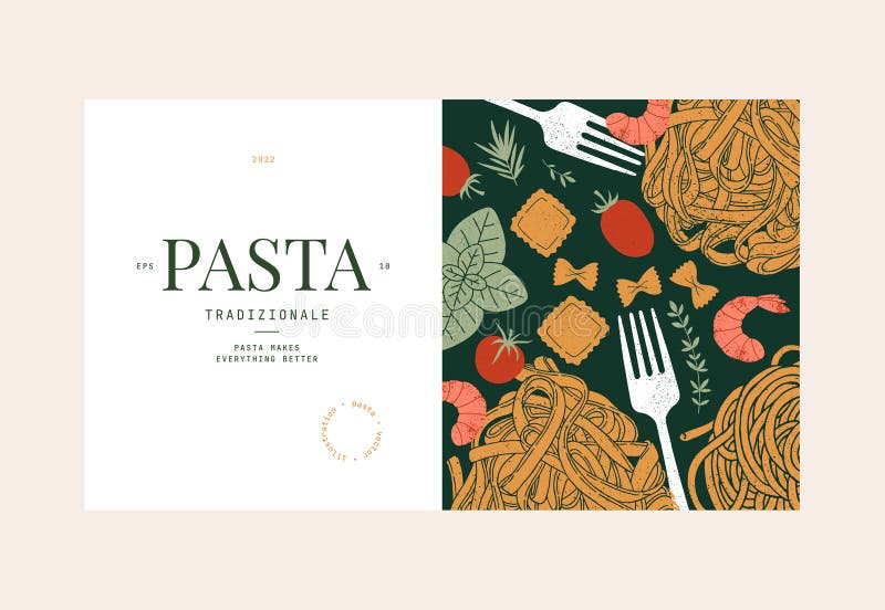 Various Kind of Pasta Design Template. Pasta with Tomato and Basil ...
