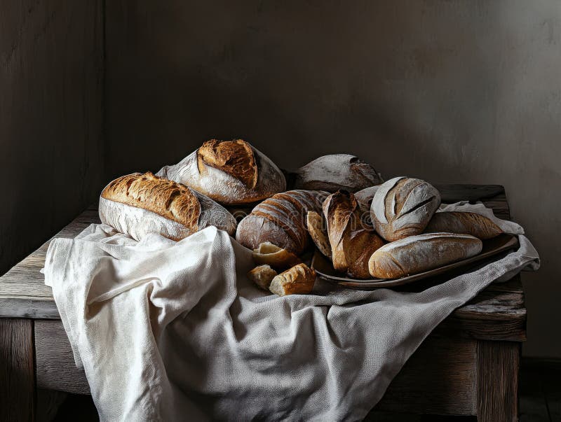 Various Kinds of Artisan Bread on Rustic Table Stock Illustration ...