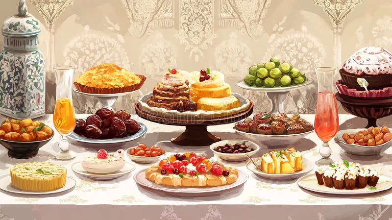 Various Kinds of Dishes To Break the Fast, Such As Water, Dates, Cakes ...