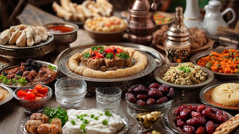 Various Kinds of Dishes To Break the Fast, Such As Water, Dates, Cakes ...