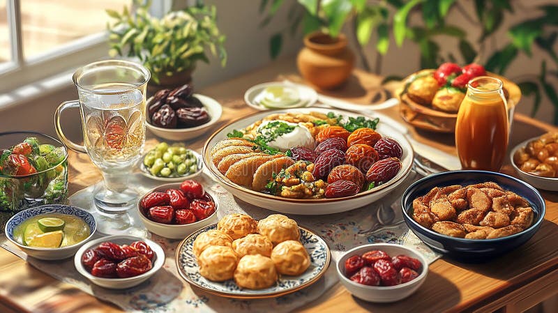 Various Kinds of Dishes To Break the Fast, Such As Water, Dates, Cakes ...