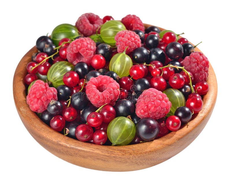 Various Kinds of Fresh Berries in a Wooden Bowl on a White Stock Image ...