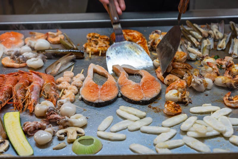 Various Kinds of Seafood on Frying Table in Buffet Restaurant Stock ...