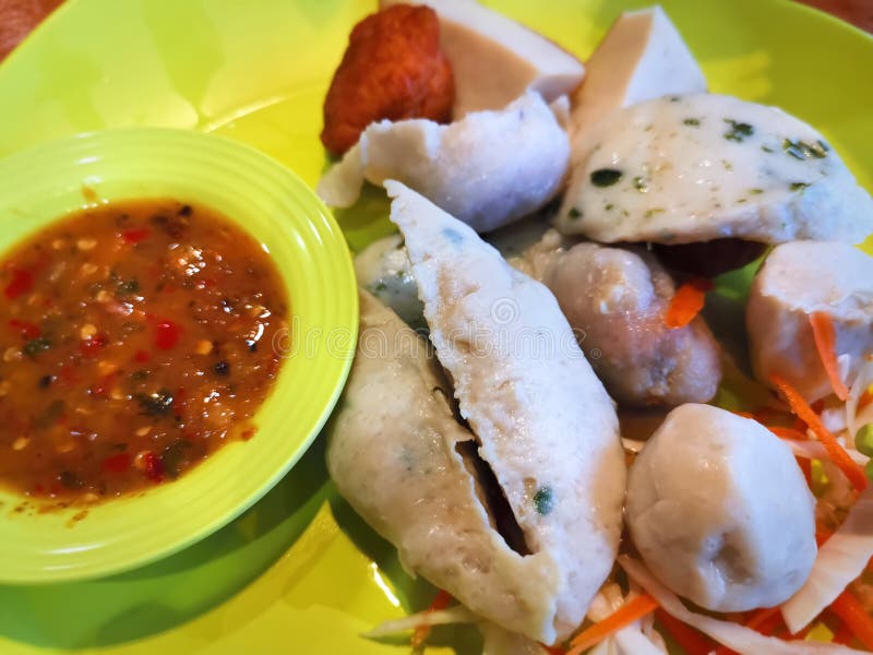 Various Kinds of Steamed Fish Meat Balls on Green Plate with Selective ...