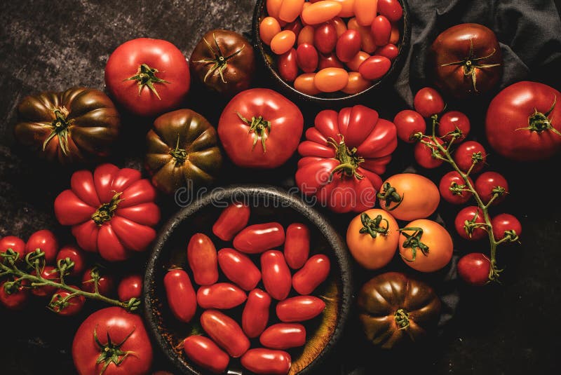 Various Kinds of Tomatoes Placed on Dark Rusty Table Stock Photo ...