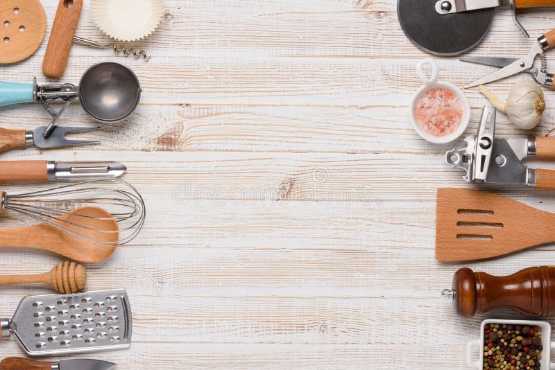 Various Kitchen Utensils on White Wooden Table Top View Stock Image ...