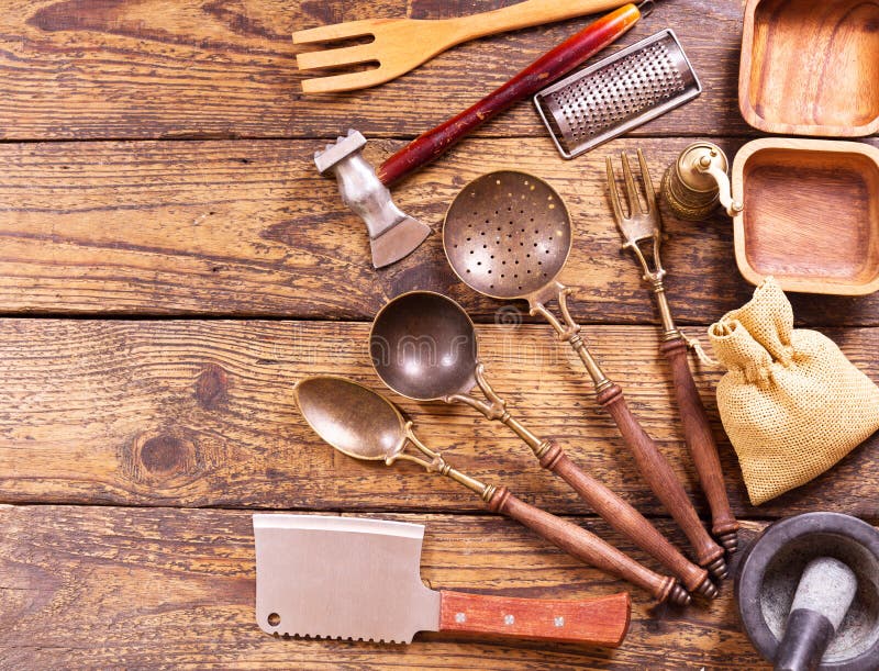 Various Kitchen Utensils on Wooden Table Stock Image - Image of tool ...