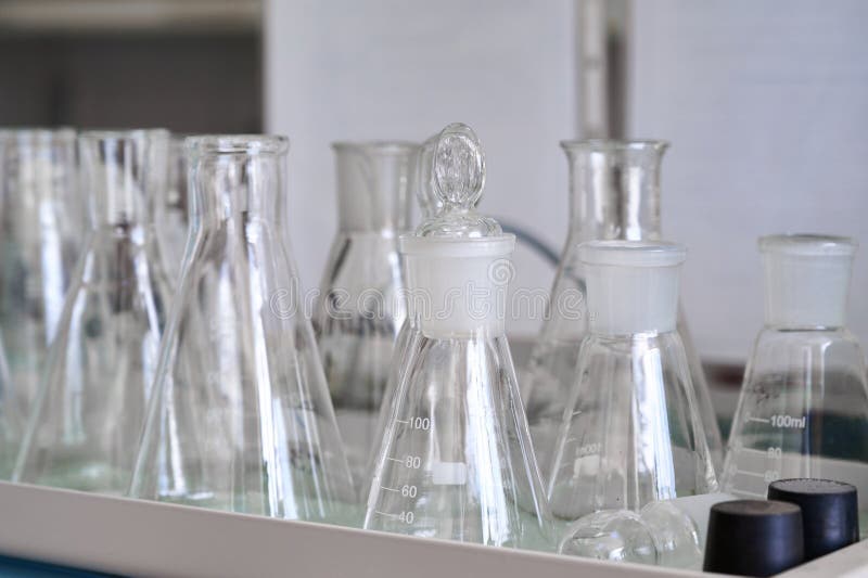 Various Laboratory Glassware Displayed on a Counter in a Modern Science ...