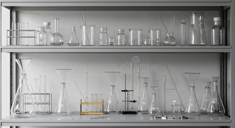 Laboratory Glassware and Equipment Arranged on Shelf for Scientific ...