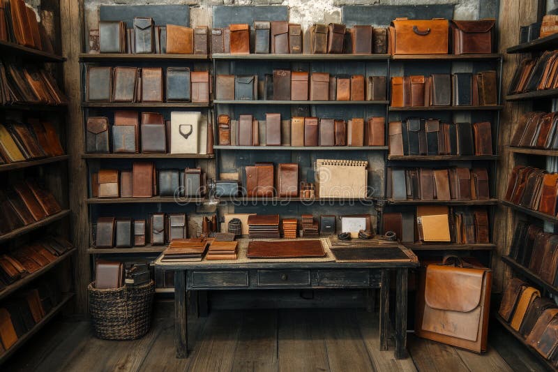 Various Leather Items Arranged on Shelves and a Table in a Craftsman S ...