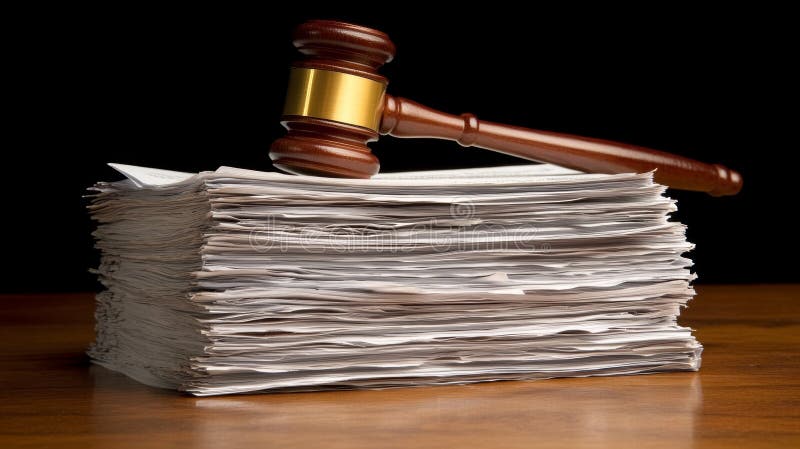 Legal Documents Stacked High with a Gavel Resting on Top in a Courtroom ...