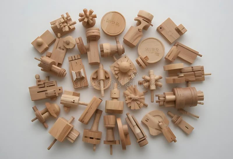 Arrangement of Wooden Geometric Shapes and Objects on White Surface ...