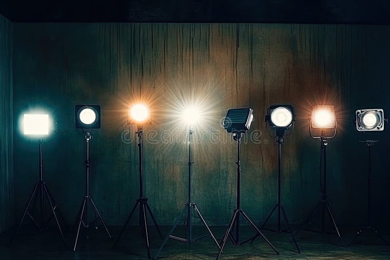 Various Lighting Setups Casting Bright Spots on a Dark Backdrop in a Studio Environment Stock ...