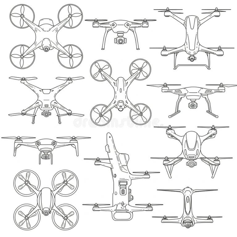 Various Line Drawings of Drones in Different Designs and Perspectives ...