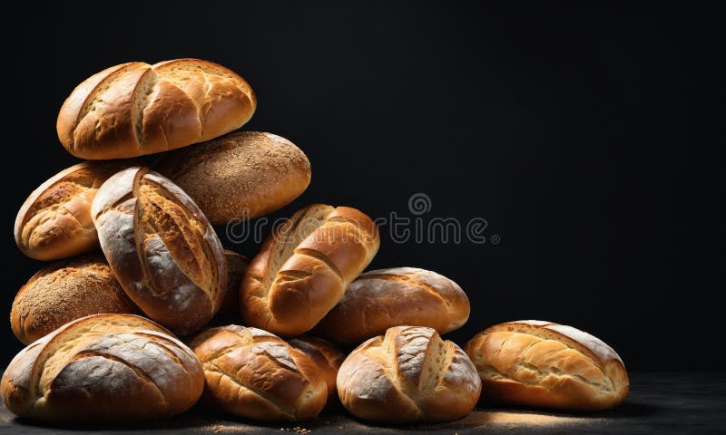 Various Loaves of Bread Stacked on a Black Surface Stock Illustration ...