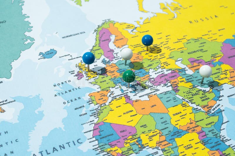 Various Locations with Pins, Push Pin on Map Closeup Stock Photo ...