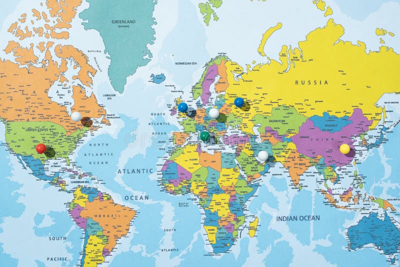 Various Locations with Pins, Push Pin on Map Closeup Stock Photo ...