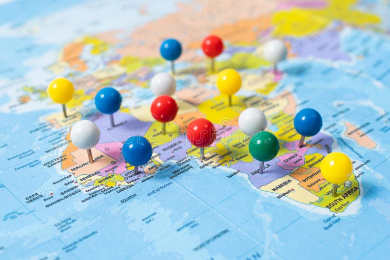 Various Locations with Pins, Push Pin on Map Closeup Stock Image ...