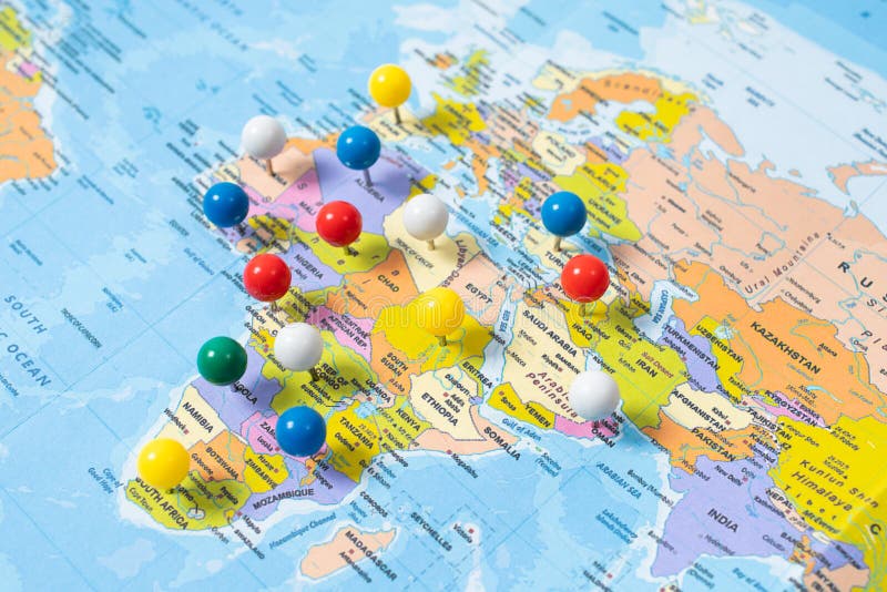 Various Locations with Pins, Push Pin on Map Closeup Stock Photo ...
