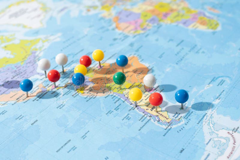 Various Locations with Pins, Push Pin on Map Closeup Stock Photo ...