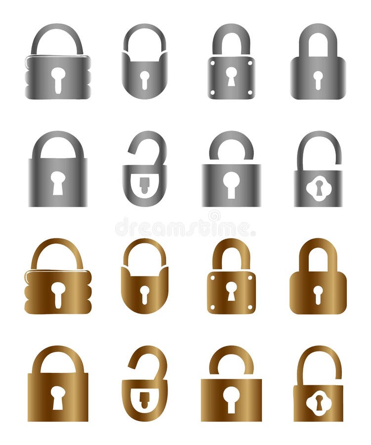 Various Locks Vector Icon Set in Chrome and Gold Color Stock Vector ...