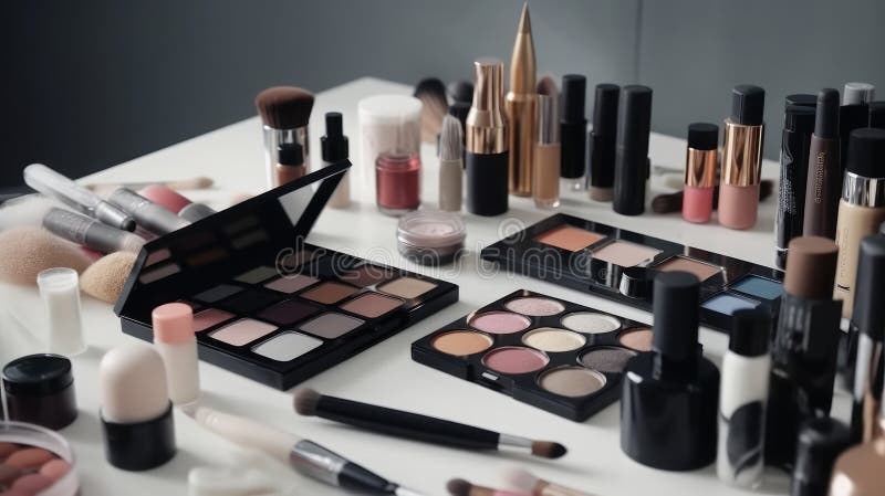 Various Makeup Professional Cosmetics on White Table. Generative AI ...