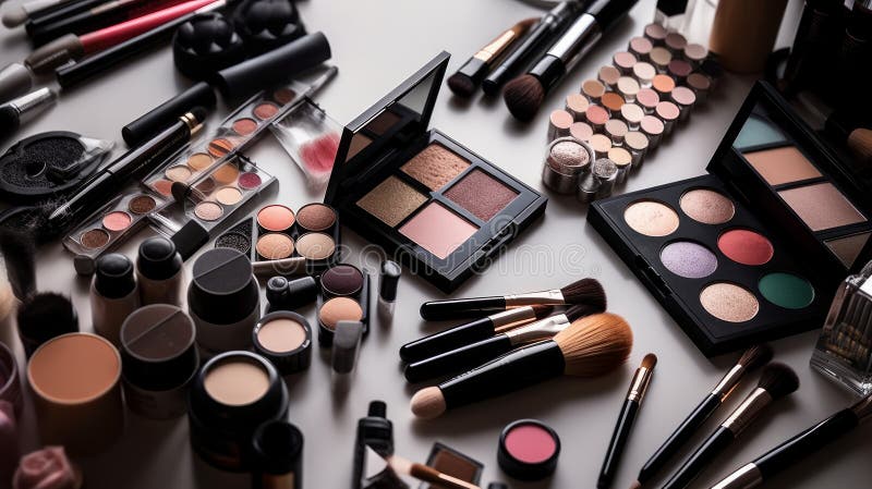 Various Makeup Professional Cosmetics on White Table. Generative AI ...