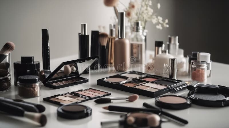 Various Makeup Professional Cosmetics on White Table. Generative AI ...