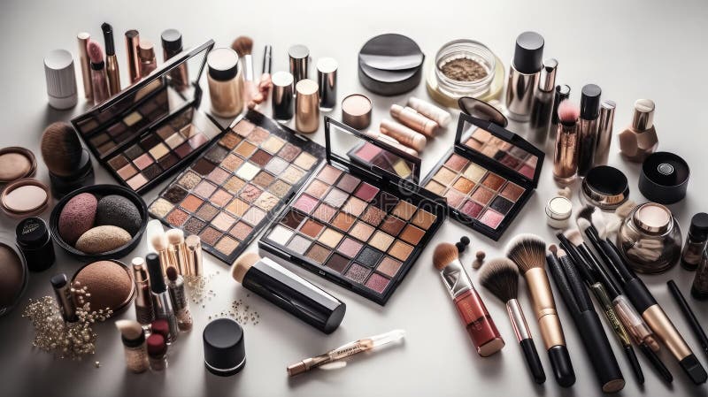 Various Makeup Professional Cosmetics on White Table. Generative AI ...