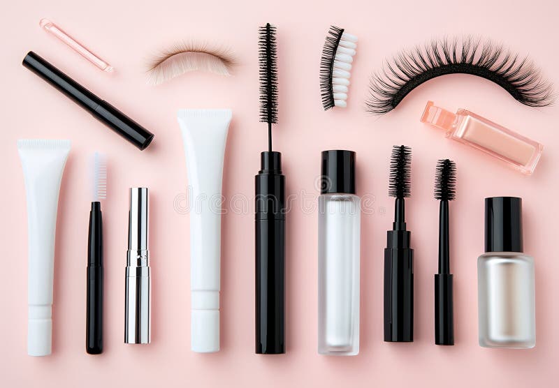 Various Makeup Tools and Products Laid Out on a Pink Surface Stock ...