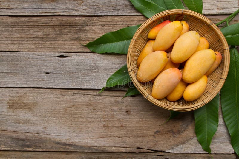Various Mango in Basket and Wooden Background Stock Photo - Image of ...