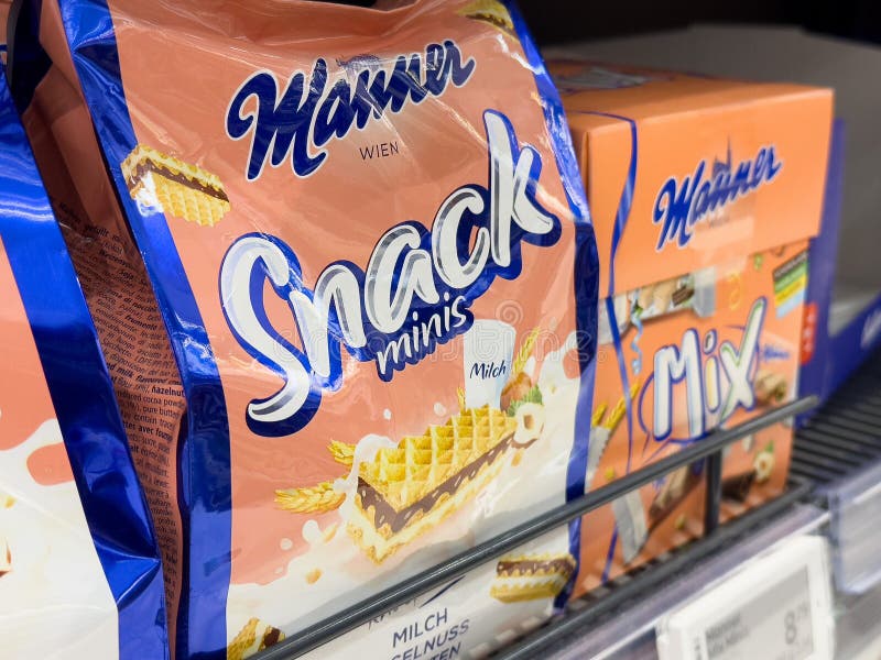 Various Manner Snack Minis and Mix Wafer Packages on Store Shelf ...