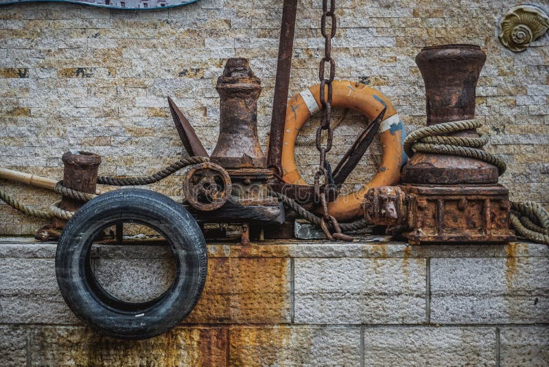 Various Marine Objects on the Wall Stock Photo - Image of closeup ...