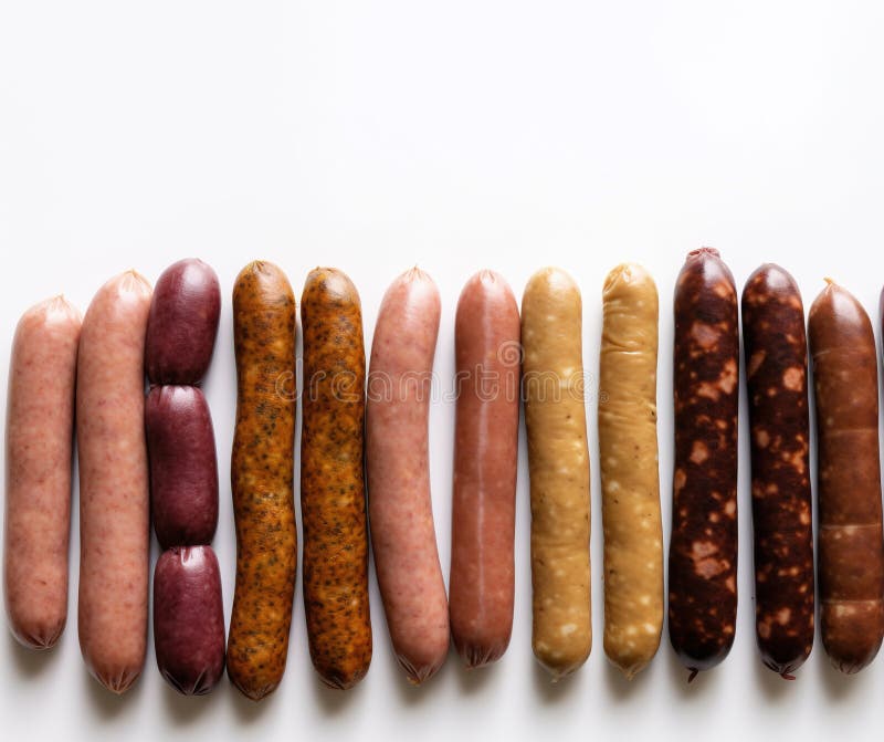 Various Meat Fresh Sausages Lie in a Row, White Background, Isolate. AI ...