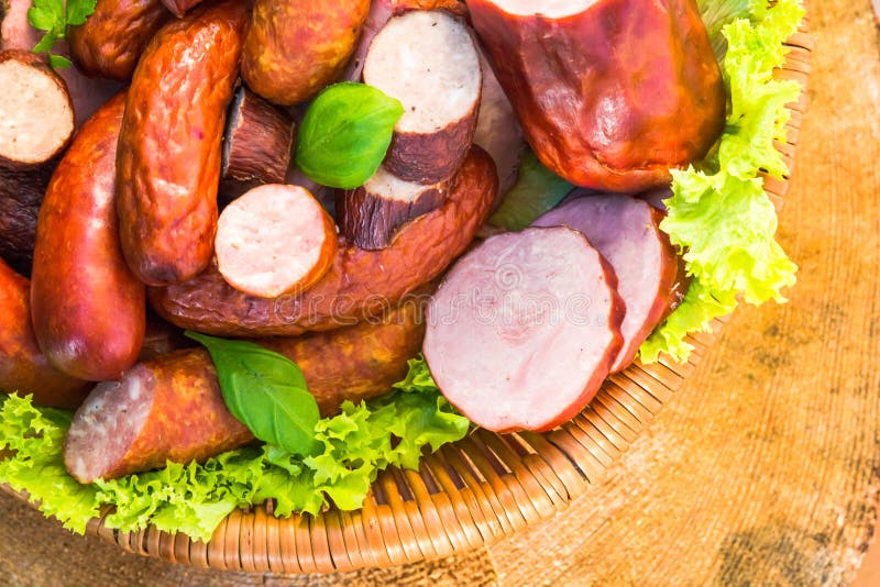 Various Meat Sausage Basket Wooden Table Background Stock Image - Image ...
