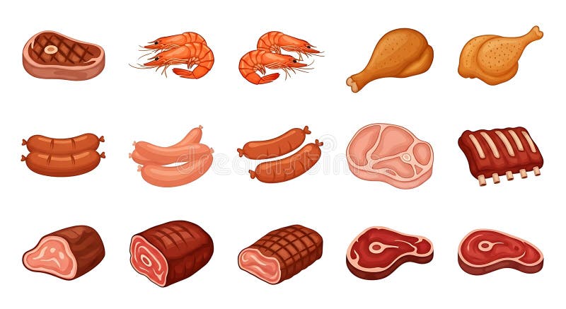 Various Meat and Seafood Illustrations are Displayed in a Grid. the Top ...