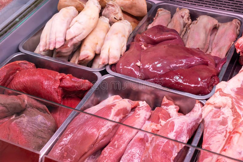 Various Meat in a Supermarket. Raw Meat at Butcher Shop Stock Image ...