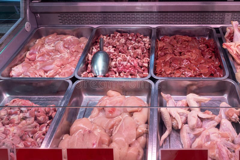Various Meat in a Supermarket. Raw Meat at Butcher Shop Stock Image ...