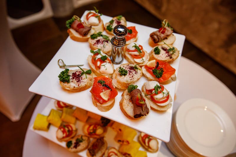 Various Meat and Vegetable Snacks at Event Catering Stock Image - Image ...